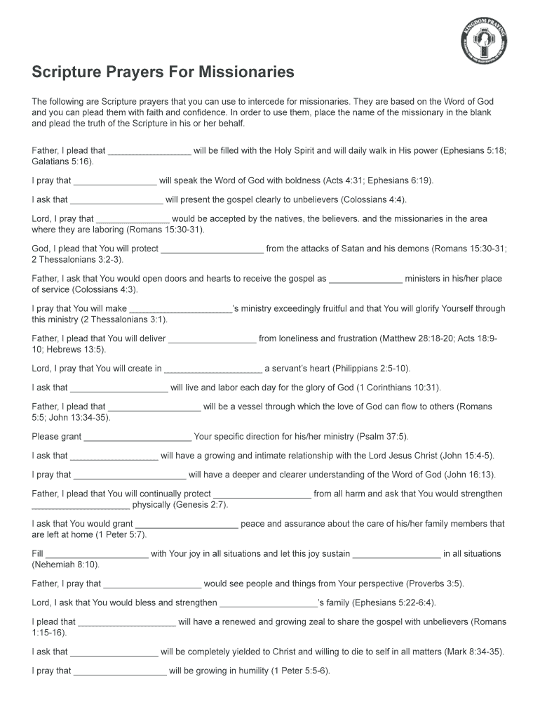 Fillable Online Scripture Prayers For Missionaries Fax Email Print ...