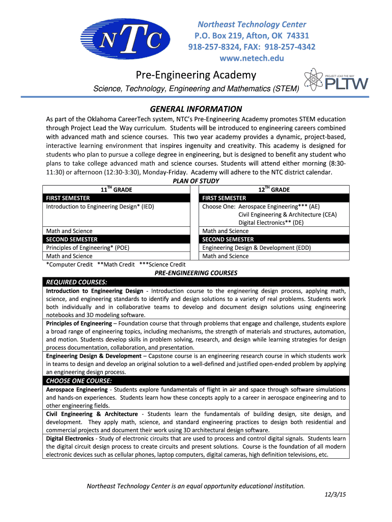 Fillable Online netech fesdev Afton Pre-Engineering admission packet ...