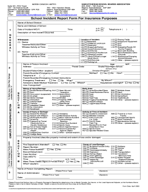 Fillable Online Marsh Canada School Insurance Form PDF - Saskatchewan ...