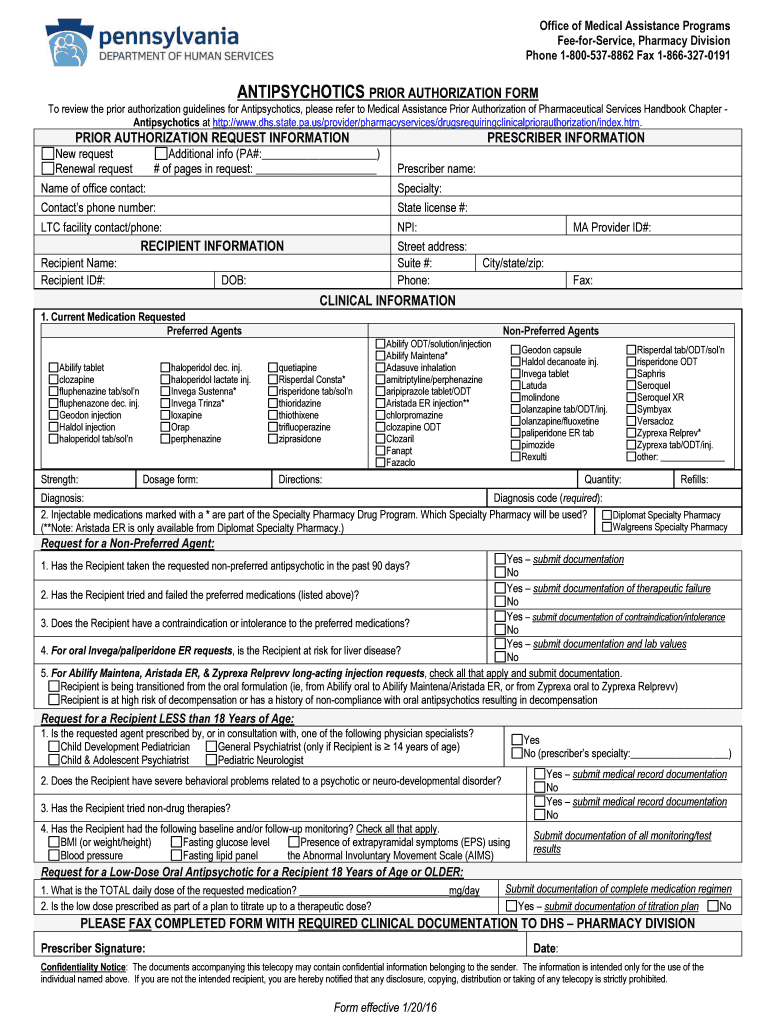 Fillable Online ANTIPSYCHOTICS PRIOR AUTHORIZATION FORM PRIOR ...