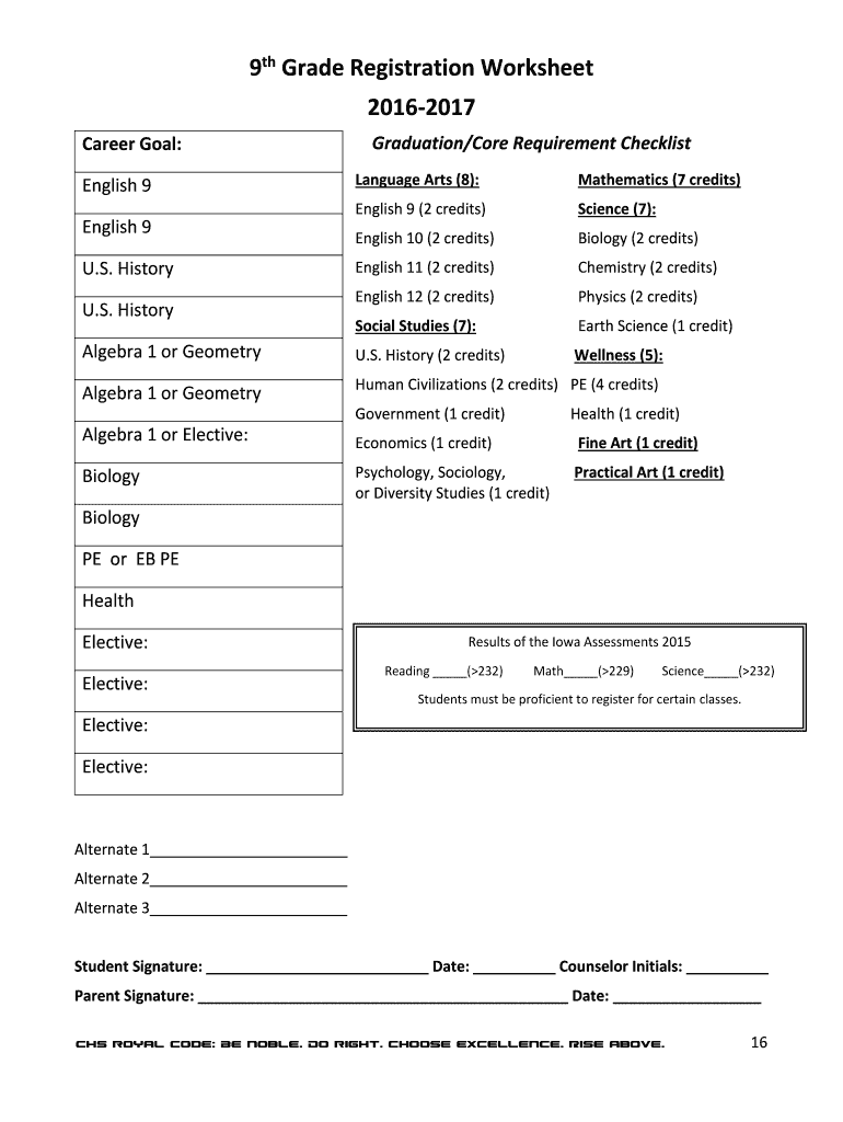 Fillable Online 9 Grade Registration Worksheet 2016-2017 Fax Email ...
