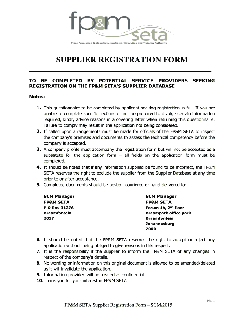 Fillable Online fpmseta org SUPPLIER REGISTRATION FORM - FPampM SETA ...