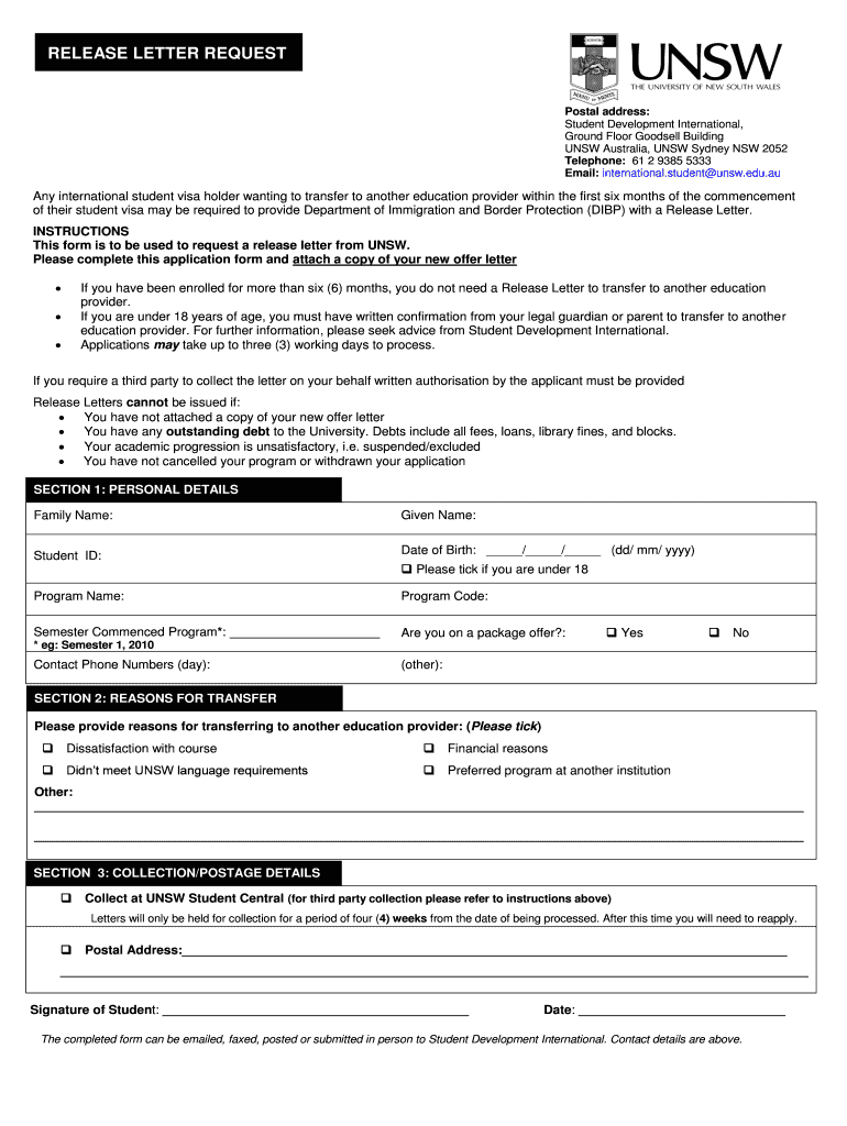 Fillable Online Standard letter request - UNSW Australia Fax Email ...