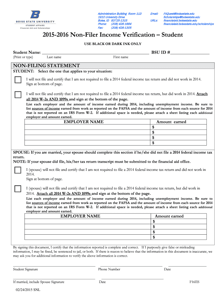 Fillable Online financialaid boisestate 2015-2016 Non-Filer Income Verification Student Fax ...