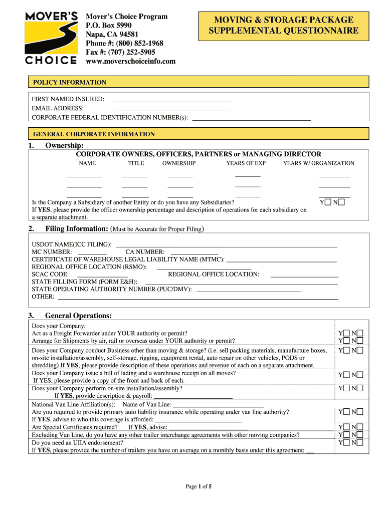 Fillable Online Movers Choice Program MOVING amp STORAGE PACKAGE PO Box ...