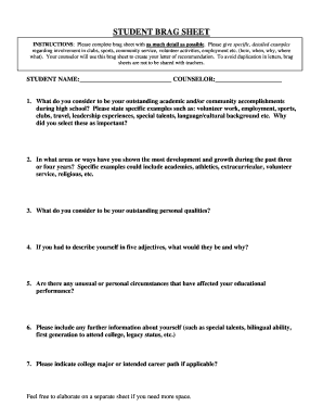 Fillable Online STUDENT BRAG SHEET - West Morris Mendham High School ...