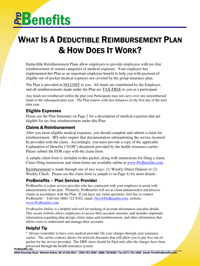 Fillable Online WHAT IS A DEDUCTIBLE REIMBURSEMENT PLAN HOW DOES IT WORK Fax Email Print - pdfFiller
