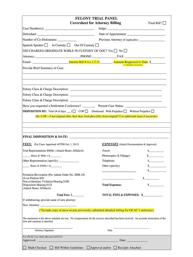 Fillable Online FELONY TRIAL PANEL Coversheet for Attorney Billing Fax ...