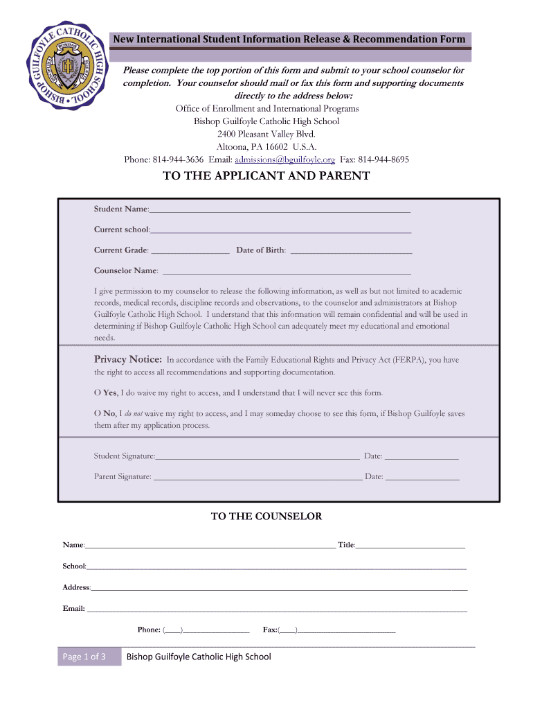 Fillable Online bishopguilfoyle New International Student Information Release Fax Email Print ...
