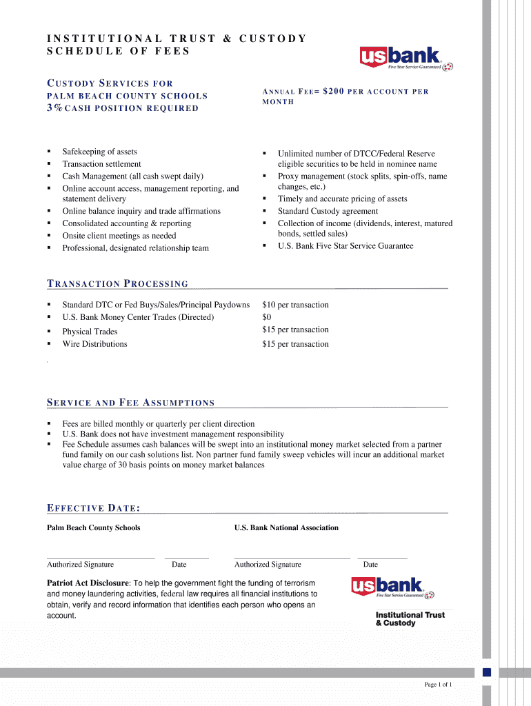 Fillable Online INSTITUTIONAL TRUST CUSTODY SCHEDULE OF FEES CUSTODY ...