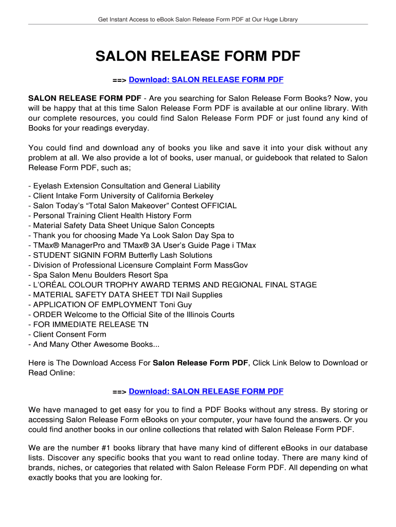 Fillable Online dnister SALON RELEASE FORM PDF - dnisterbiz Fax Email ...