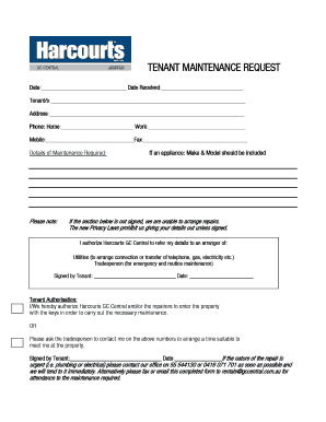 Fillable Online TENANT MAINTENANCE REQUEST - Harcourts Fax Email Print ...