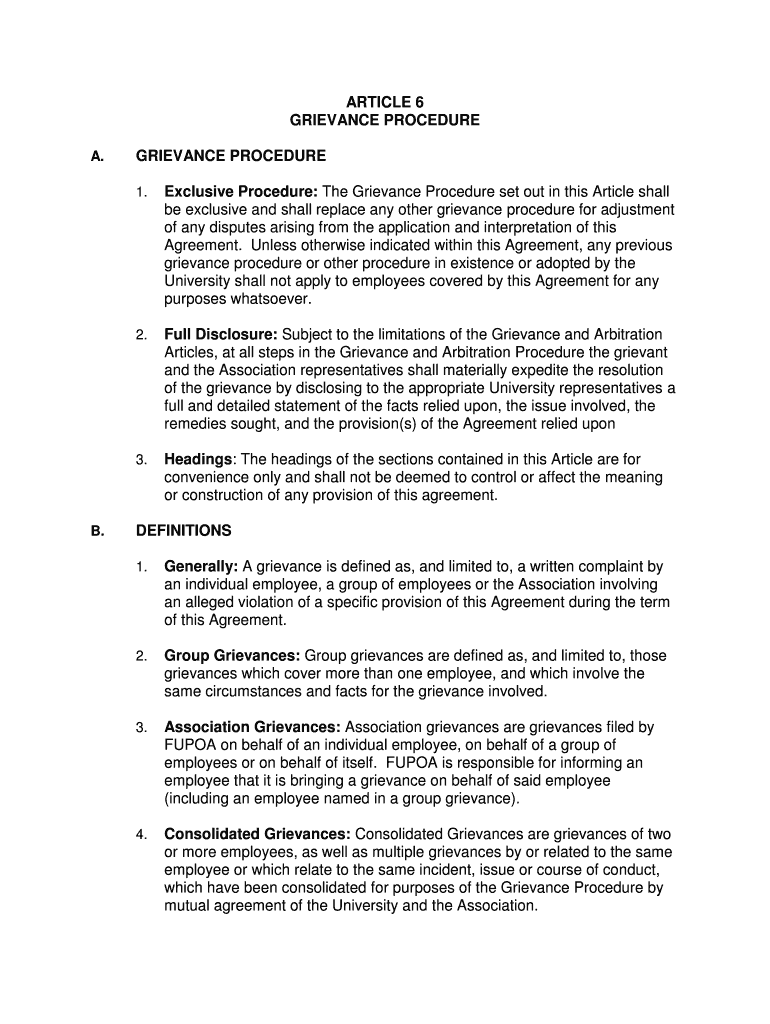 Fillable Online Exclusive Procedure: The Grievance Procedure set out in this Article shall Fax ...