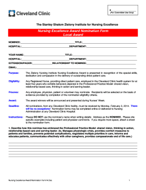 Fillable Online my clevelandclinic Nursing Excellence Award Nomination ...