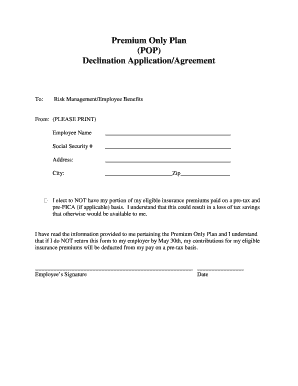 Fillable Online Premium Only Plan POP Declination ApplicationAgreement ...