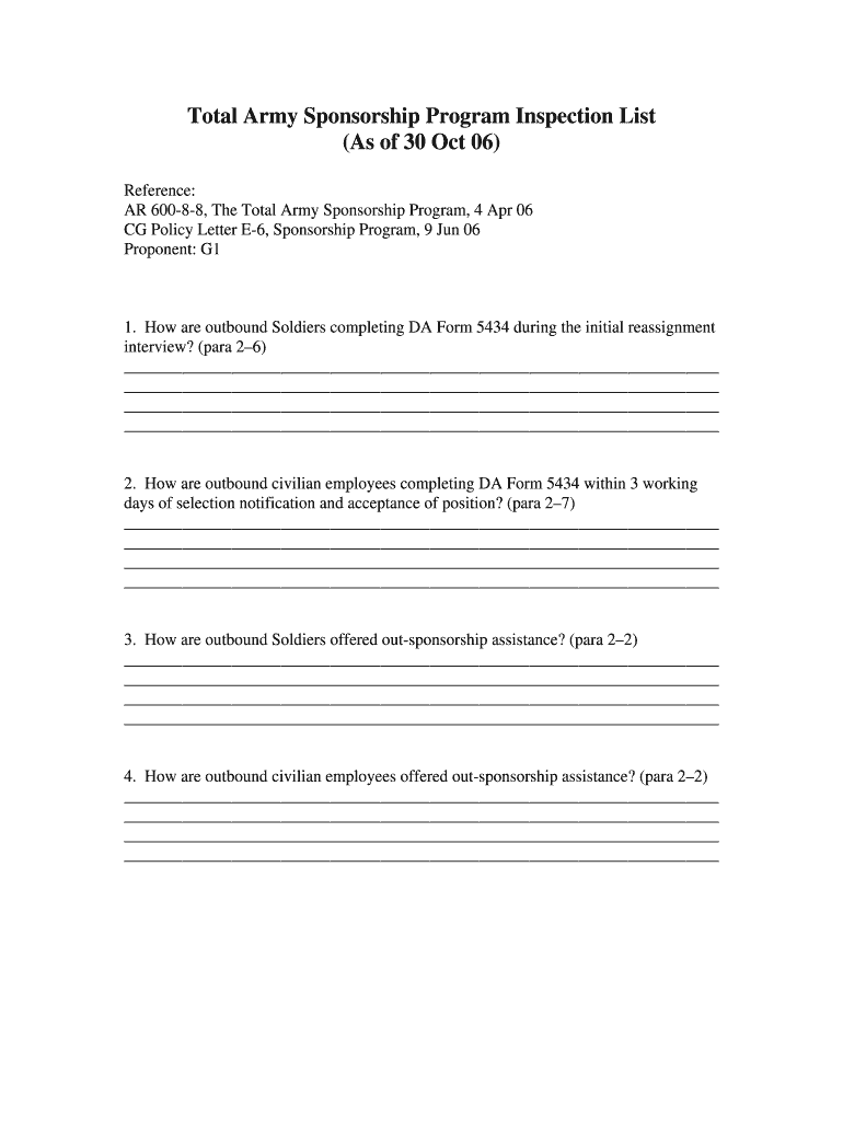 Fillable Online Total Army Sponsorship Program Inspection List Fax ...