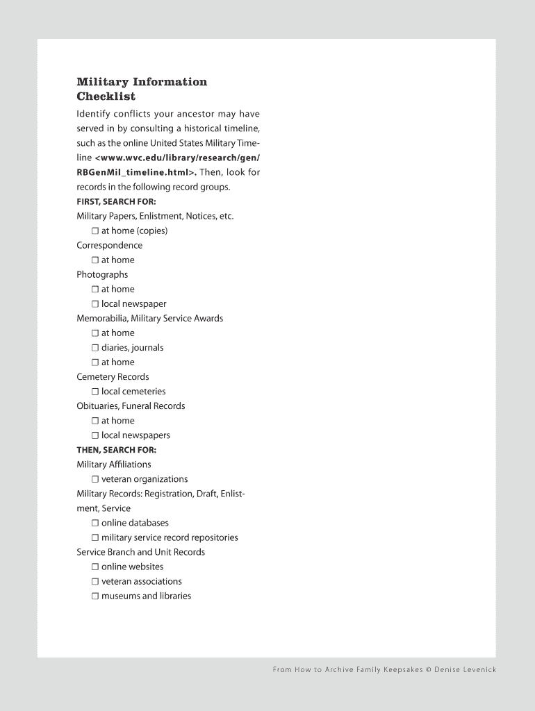 Fillable Online Military Information Checklist ...
