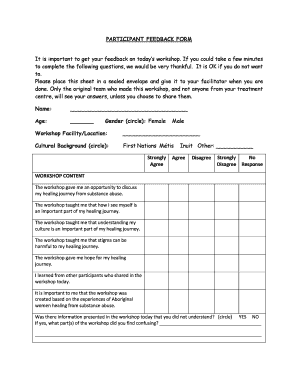 Fillable Online PARTICIPANT FEEDBACK FORM - Addiction Research Chair ...