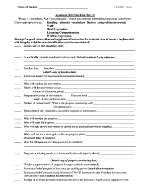 Fillable Online Name of Student SATRtI Team Academic RtI Checklist-Tier ...