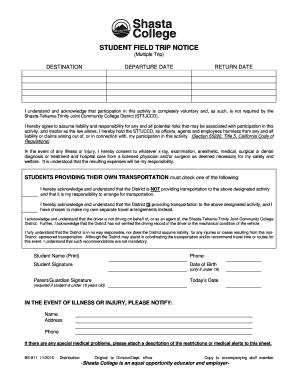 Fillable Online STUDENT FIELD TRIP NOTICE - Shasta College Fax Email ...