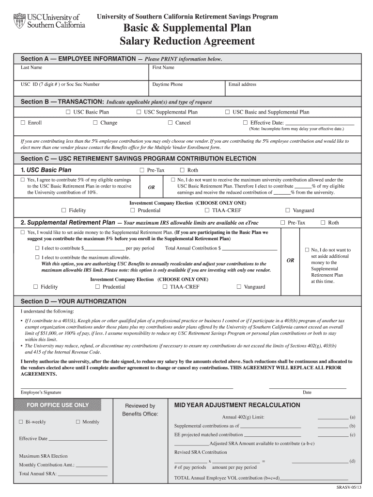 Fillable Online employees usc Salary Reduction Agreement - USC Employee Gateway Fax Email Print ...