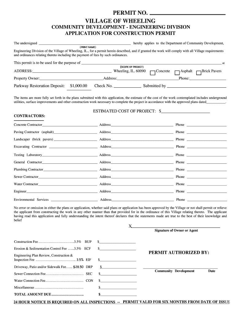 Fillable Online APPLICATION FOR CONSTRUCTION PERMIT - VILLAGE OF WHEELING Fax Email Print ...