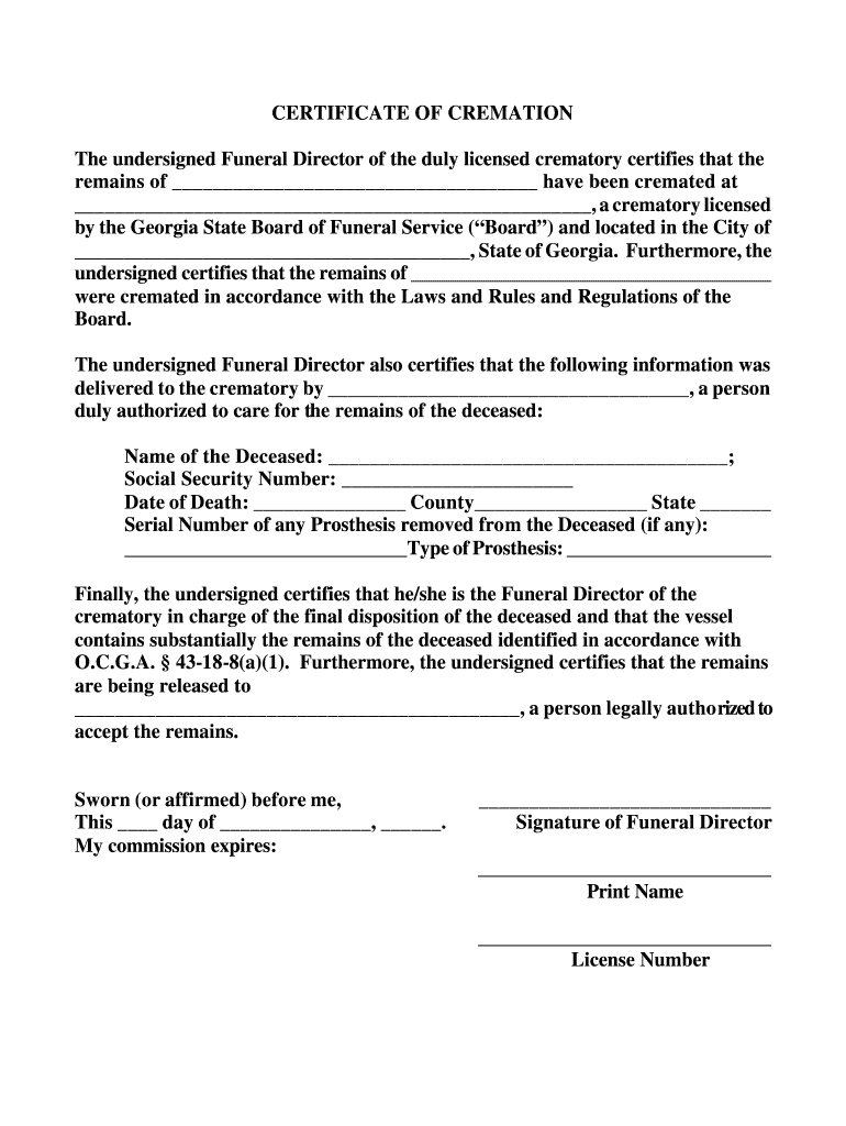 Fillable Online Certificate of Cremation Fax Email Print - pdfFiller