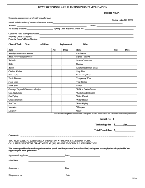 Fillable Online spring-lake TOWN OF SPRING LAKE PLUMBING PERMIT APPLICATION - spring-lake Fax ...