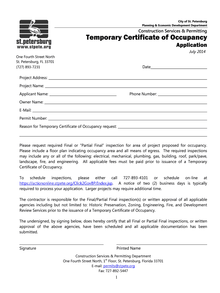 Fillable Online Temporary Certificate of Occupancy Application Fax ...