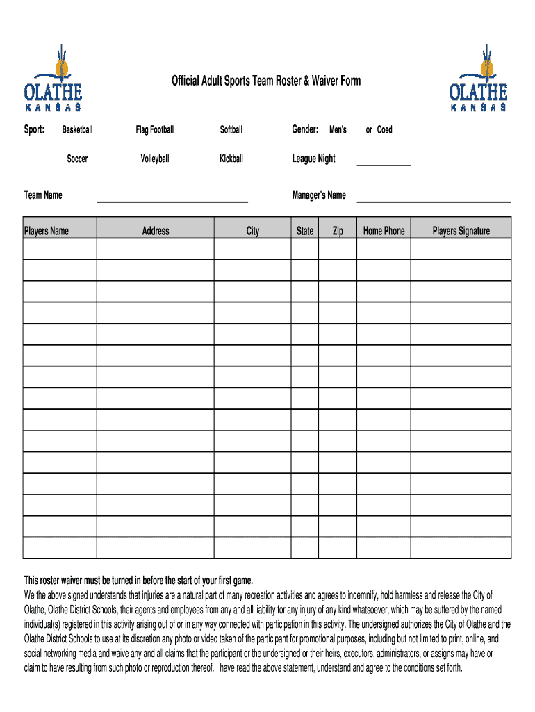 Fillable Online Adult Sports Team Roster & Waiver Fax Email Print ...