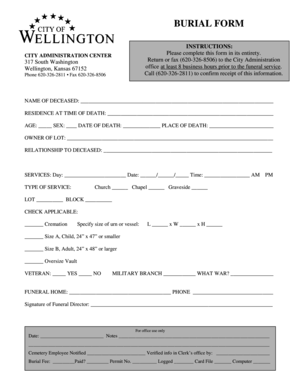 Fillable Online BURIAL FORM - The City of Wellington Fax Email Print ...