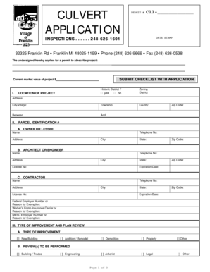 Fillable Online Culvert Application - Village of Franklin Fax Email ...