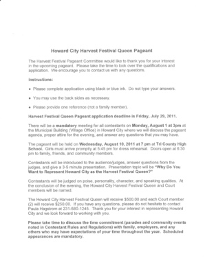 Fillable Online howardcity Howard City Harvest Festival Queen Pageant ...