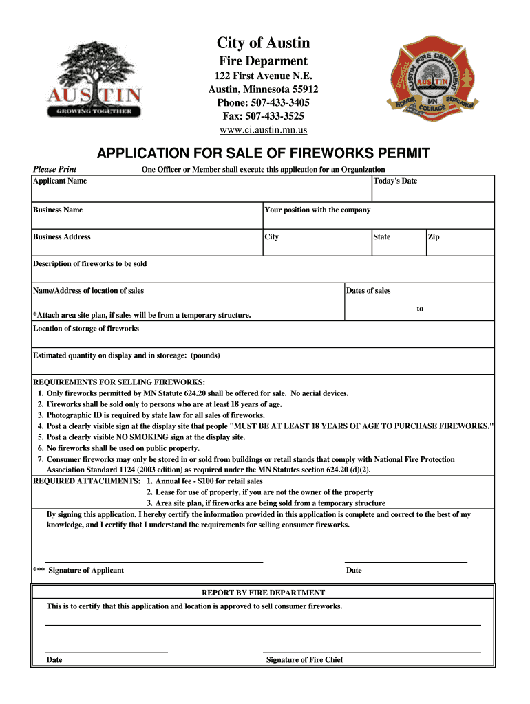 Fillable Online Application for Sale of Fireworks Permit Fax Email ...