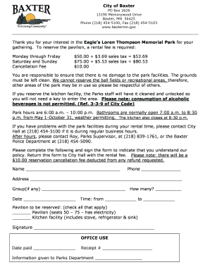 Fillable Online Loren Thompson Park Rental Form - City of Baxter Fax ...