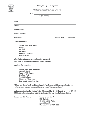 Fillable Online mankato-mn Trees for Life order form - The City of ...