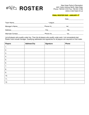 Fillable Online Roster Form (final) - City of New Hope Fax Email Print ...