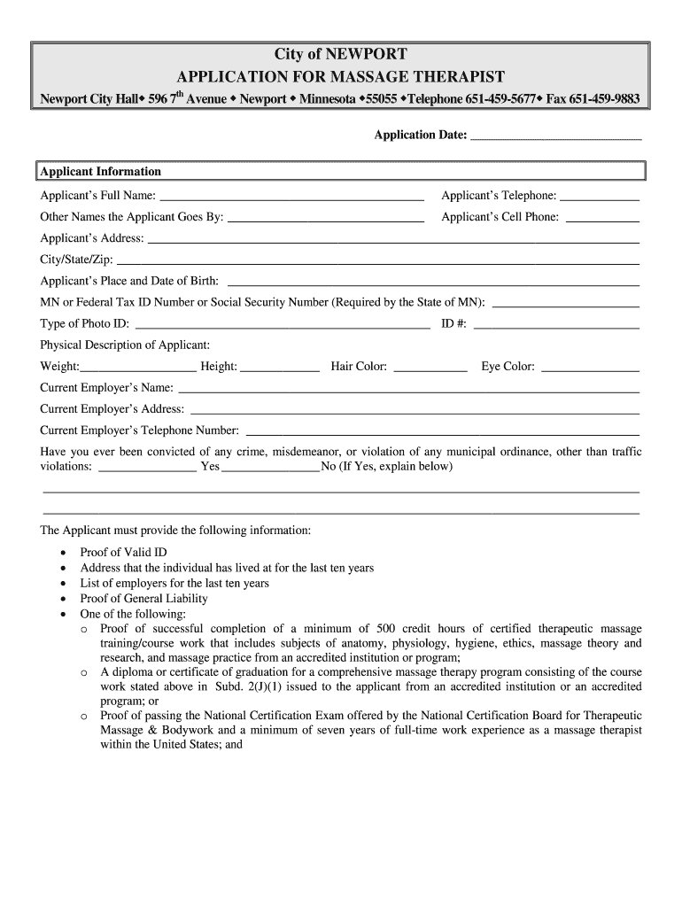 APPLICATION FOR MASSAGE THERAPIST: Fill out & sign online | DocHub