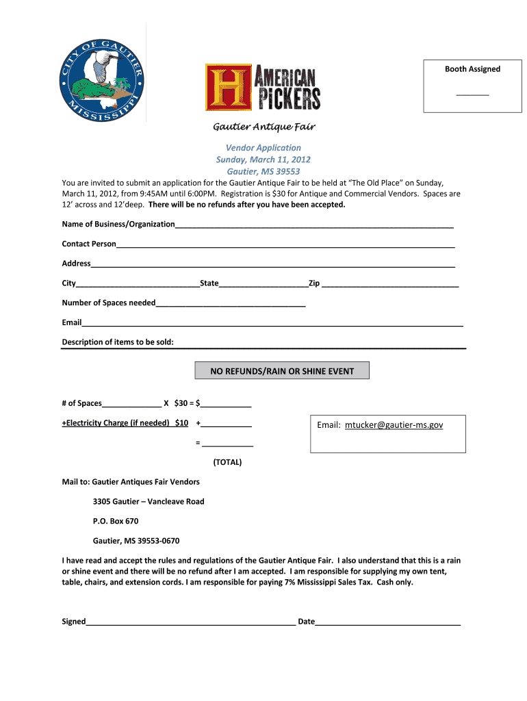 Gautier Antique Fair Vendor Application: Fill out & sign online | DocHub