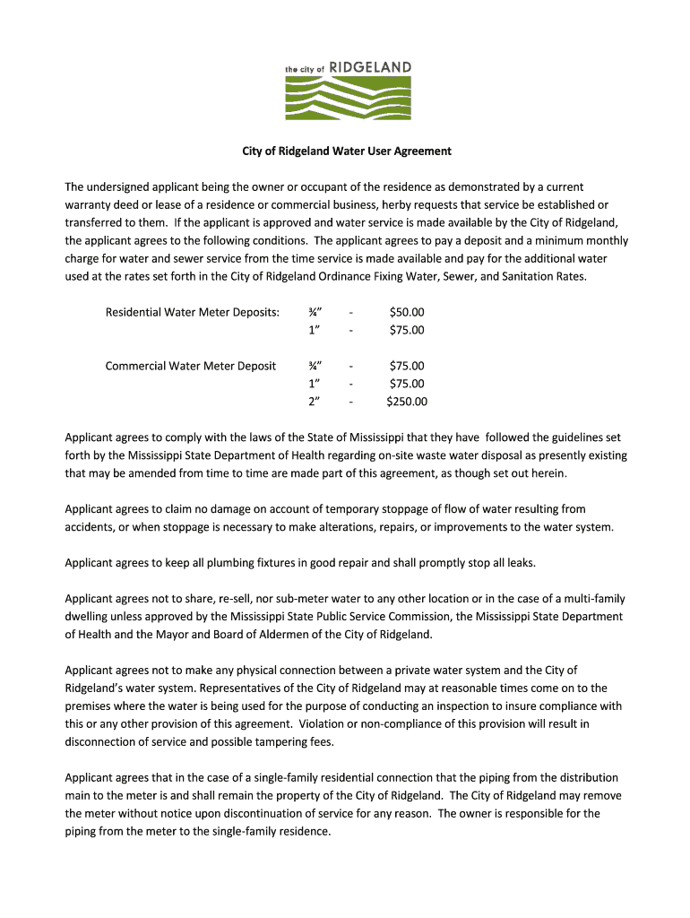 Fillable Online Water User Agreement Fax Email Print - pdfFiller