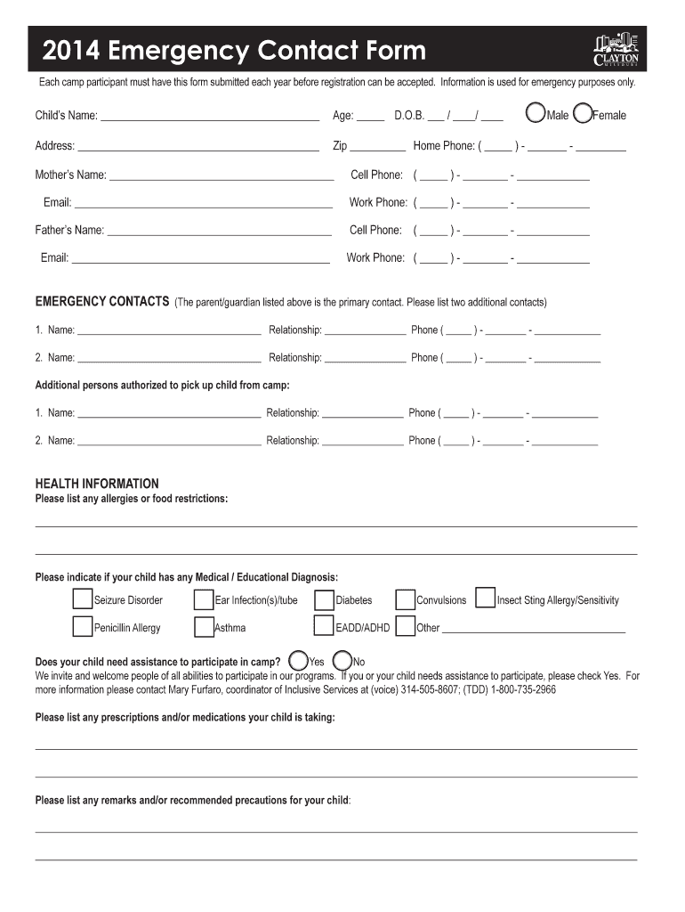 2014 Emergency Contact Form: Fill out & sign online | DocHub