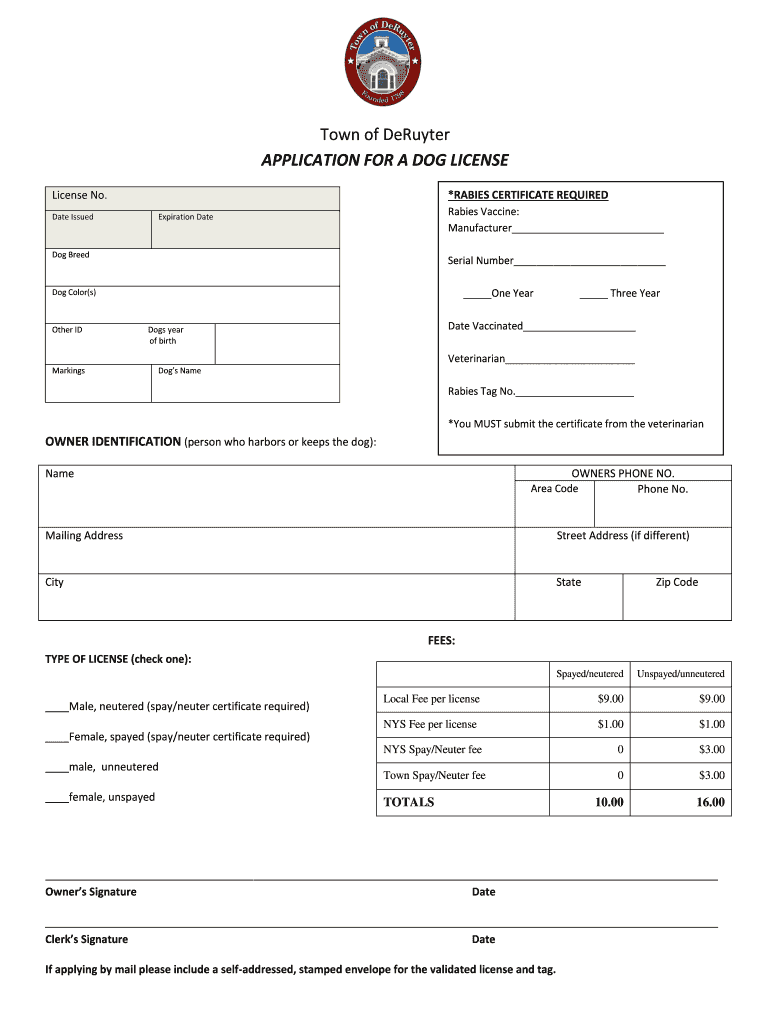 Fillable Online APPLICATION FOR A DOG LICENSE Fax Email Print - pdfFiller