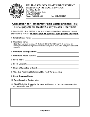 Fillable Online Application for Temporary Food Establishment (TFE) $75 ...