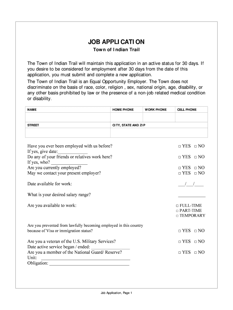 Fillable Online Town of Indian Trail Job Application Fax Email Print - pdfFiller