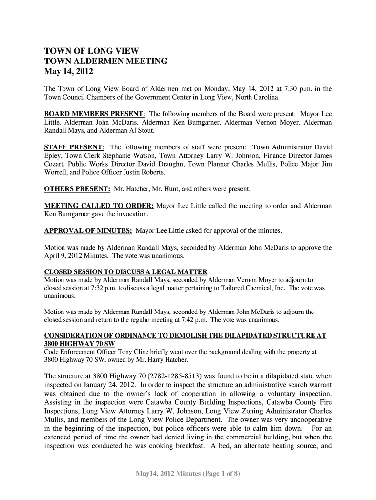 The Town of Long View Board of Aldermen met on Monday, May 14, 2012 at ...