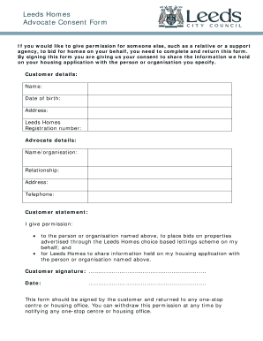 Fillable Online leeds gov Leeds Homes Advocate Consent Form - leeds gov ...