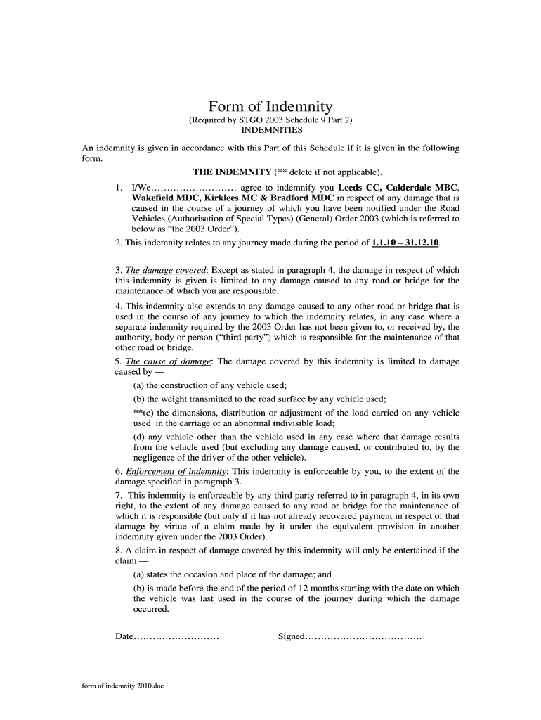 Form of Indemnity: Fill out & sign online | DocHub