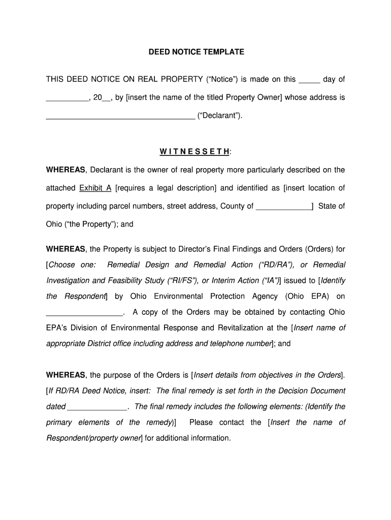 DEED NOTICE TEMPLATE - Ohio Environmental Protection Agency: Fill out ...