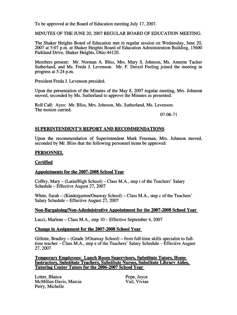 June 20, 2007 - Shaker Heights City School District: Fill out & sign ...
