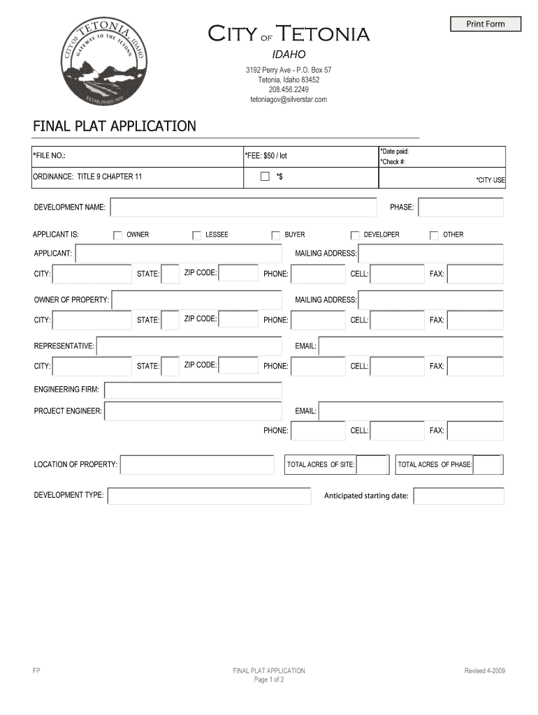 Fillable Online Final Plat Application Fax Email Print - pdfFiller